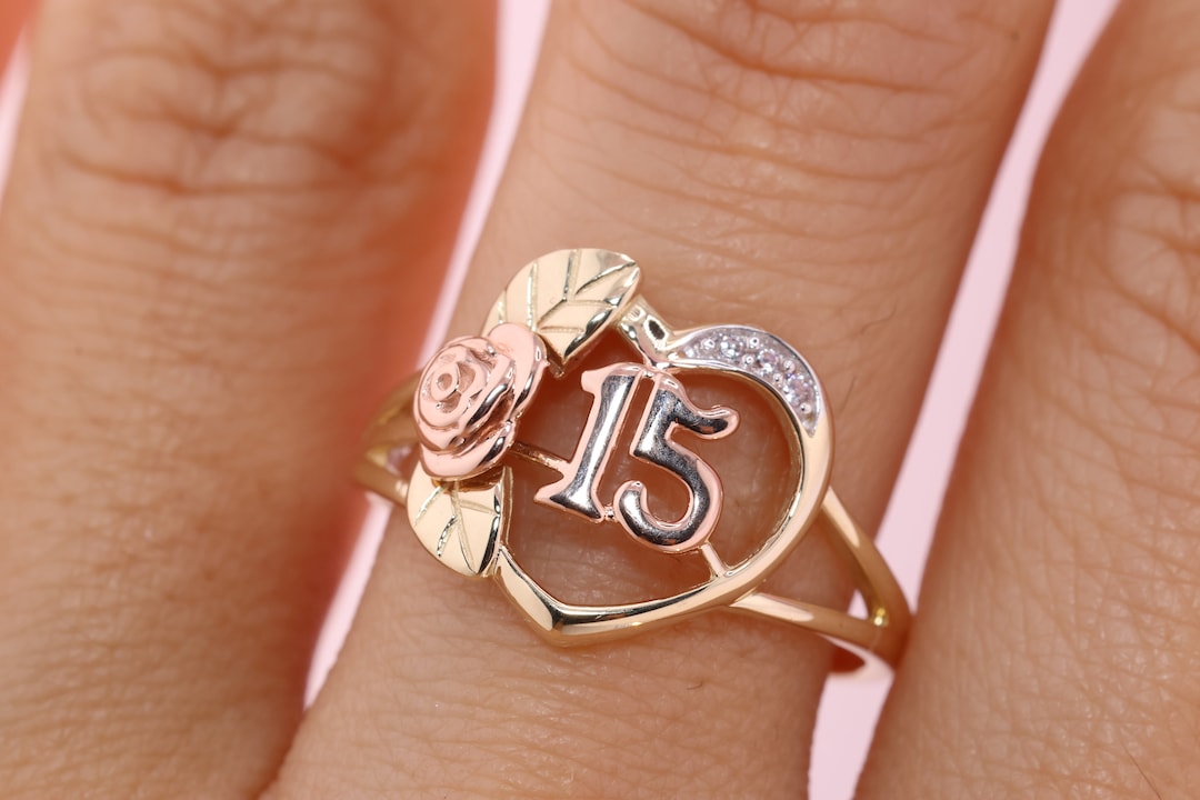 14K Gold 15 Anos Quinceanera Crown RING/ Fifteen CZ Stones for Sweet 15 ...