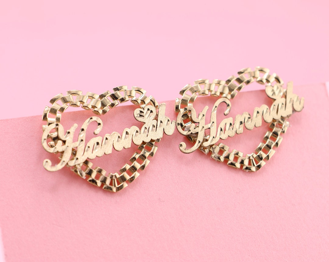 10K Yellow Gold Rollie Heart Personalized Diamond Cut Name Earrings ...