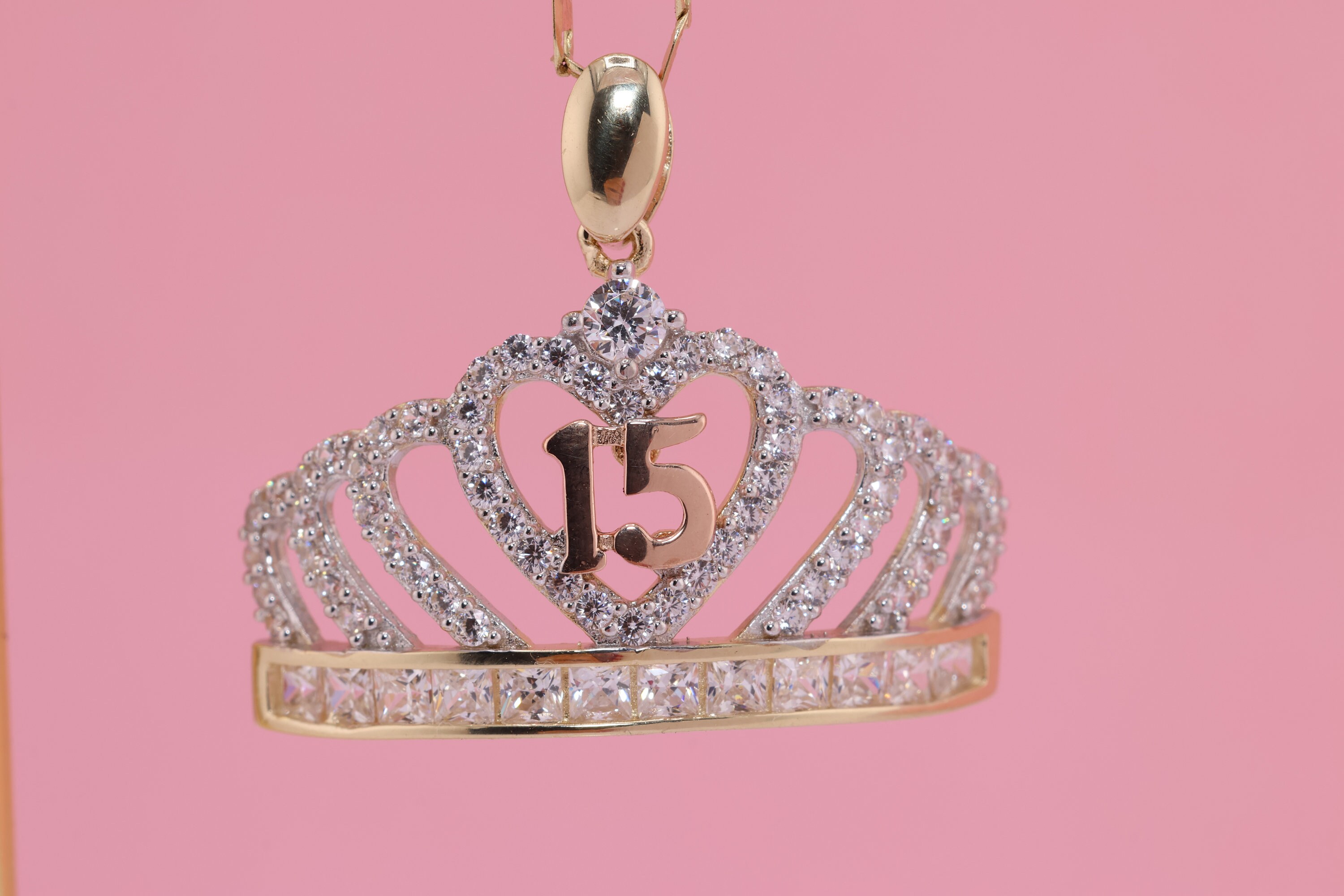14K Gold 15 Anos Quinceanera Crown Pendant/ Fifteen CZ Stones for Sweet ...