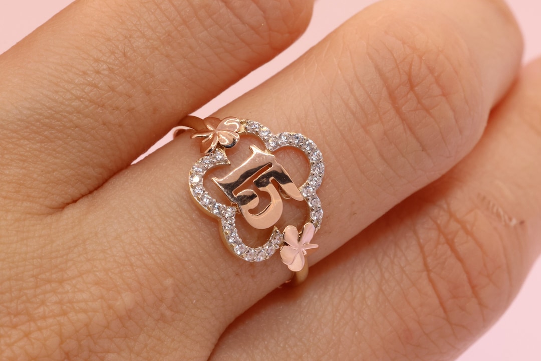 14K Gold 15 Anos Quinceanera FLOWER RING/ Fifteen CZ Stones for Sweet ...