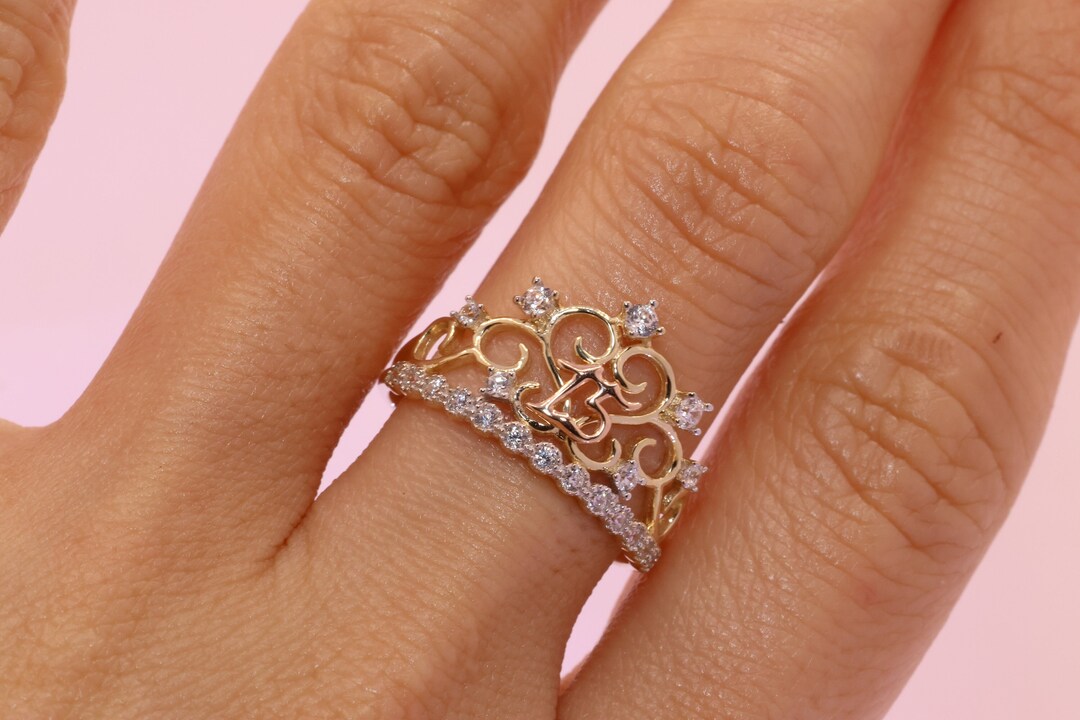 14K Gold 15 Anos Quinceanera Crown RING/ Fifteen CZ Stones for Sweet 15th Birthday Gift / Gift ...
