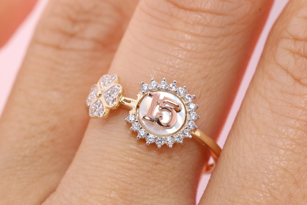 14K Gold 15 Anos Quinceanera Crown RING/ Fifteen CZ Stones for Sweet 15 ...