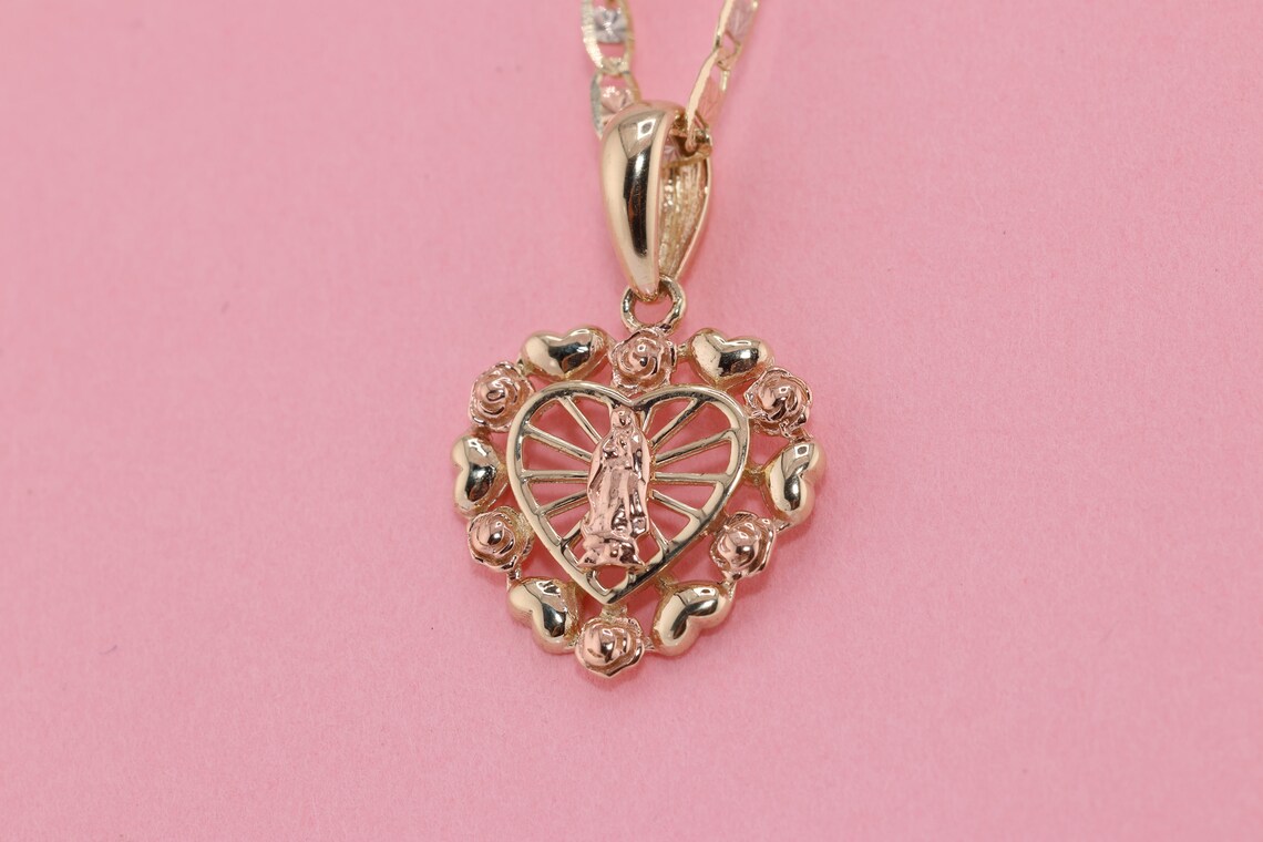 14k Solid Tiny Gold Virgin Mary Heart Pendant/ Virgin Maria Lady ...