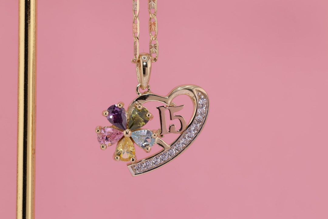 14K Gold 15 Anos Quinceanera Crown Pendant/ Fifteen CZ Stones for Sweet ...