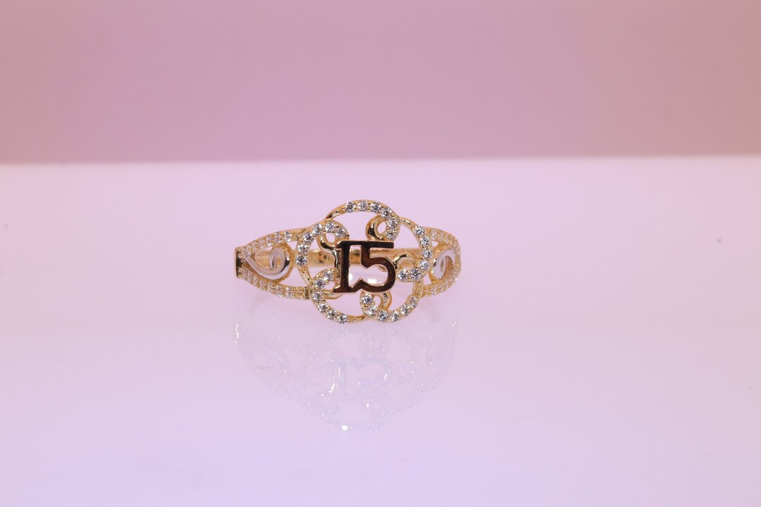 14K Gold 15 Anos Quinceanera RING/ Fifteen CZ Stones for Sweet - Etsy