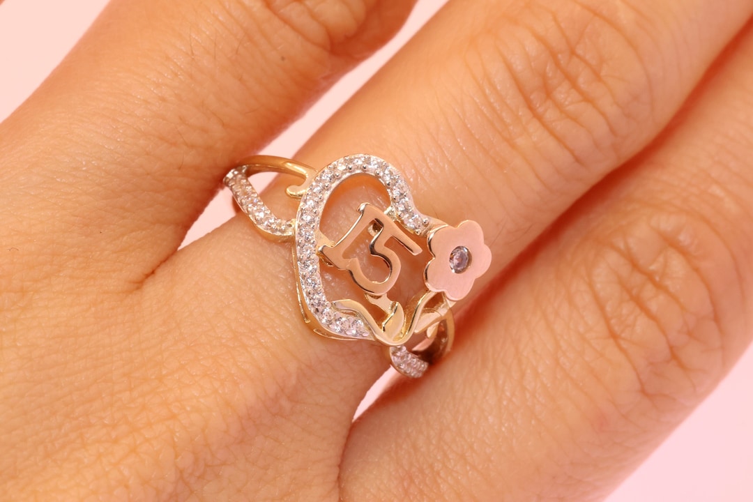 14K Gold 15 Anos Heart Quinceanera RING/ Fifteen CZ Stones for Sweet ...