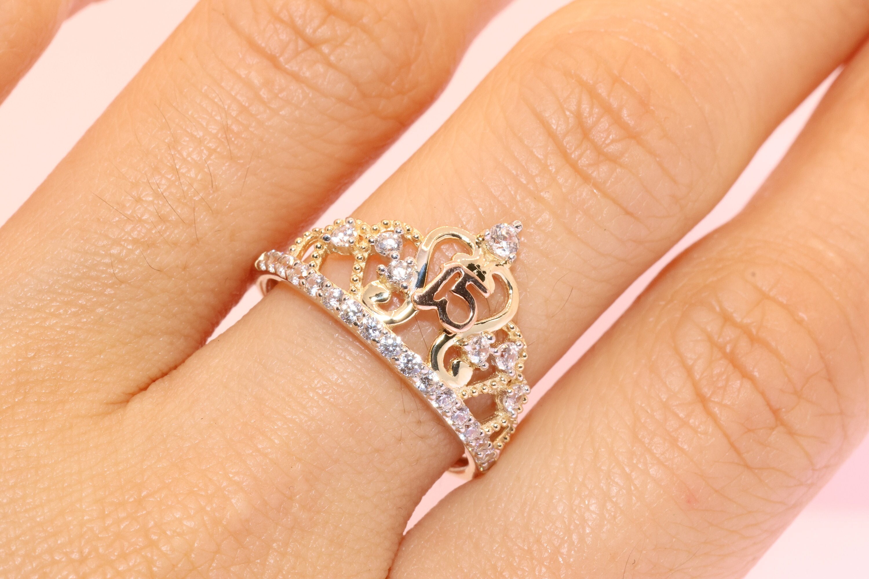 14K Gold 15 Anos CROWN Quinceanera RING/ Fifteen CZ Stones for Sweet ...