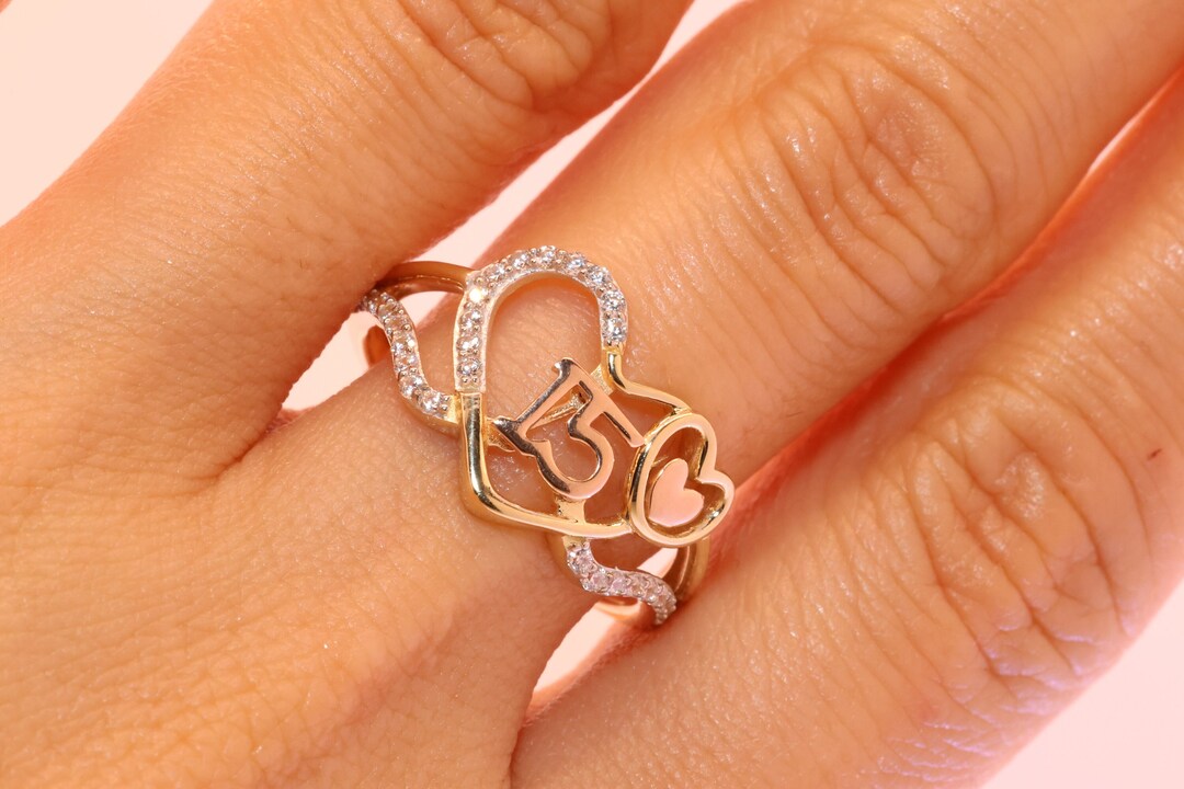 14K Gold 15 Anos Quinceanera Heart RING/ Fifteen CZ Stones for Sweet ...