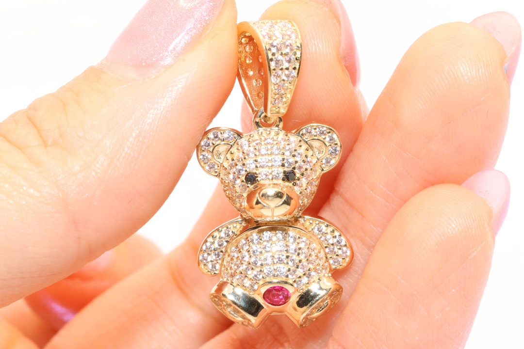14k Real Gold Puffed Teddy Bear Pendant / 14k 3D Cubic Zirconia Teddy ...