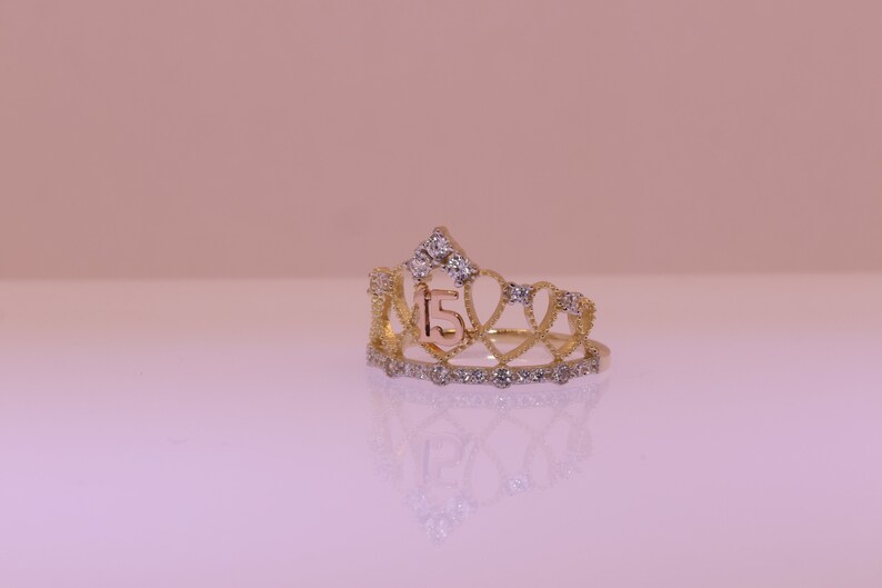 14K Gold 15 Anos Quinceanera Crown RING/ Fifteen CZ Stones for Sweet ...