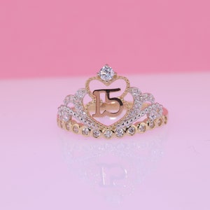 14K Gold 15 Anos Quinceanera Crown RING/ Fifteen CZ Stones for Sweet 15 ...