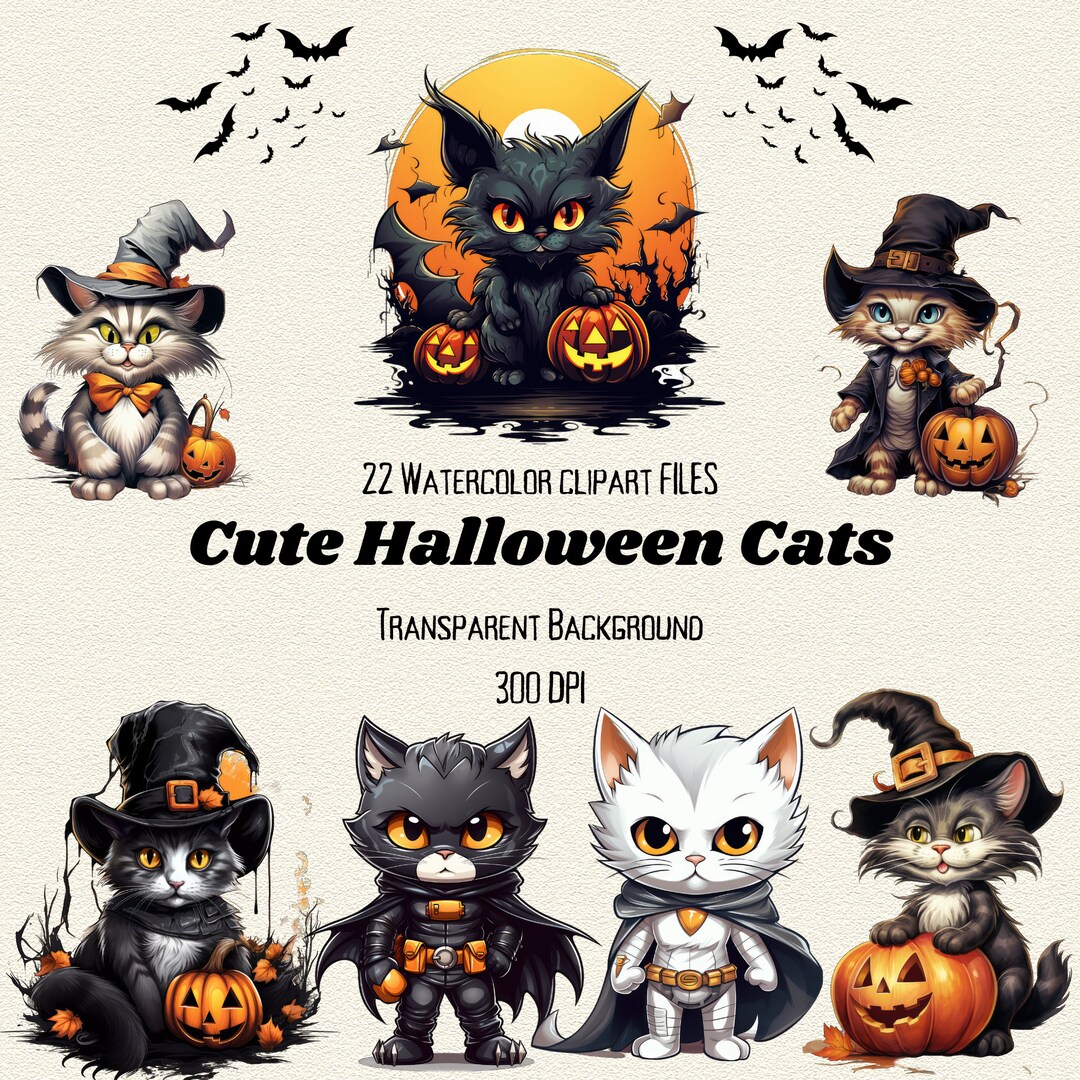 Cute Halloween Cats Clipart Bundle Halloween T-shirt Designs Cute Cat ...