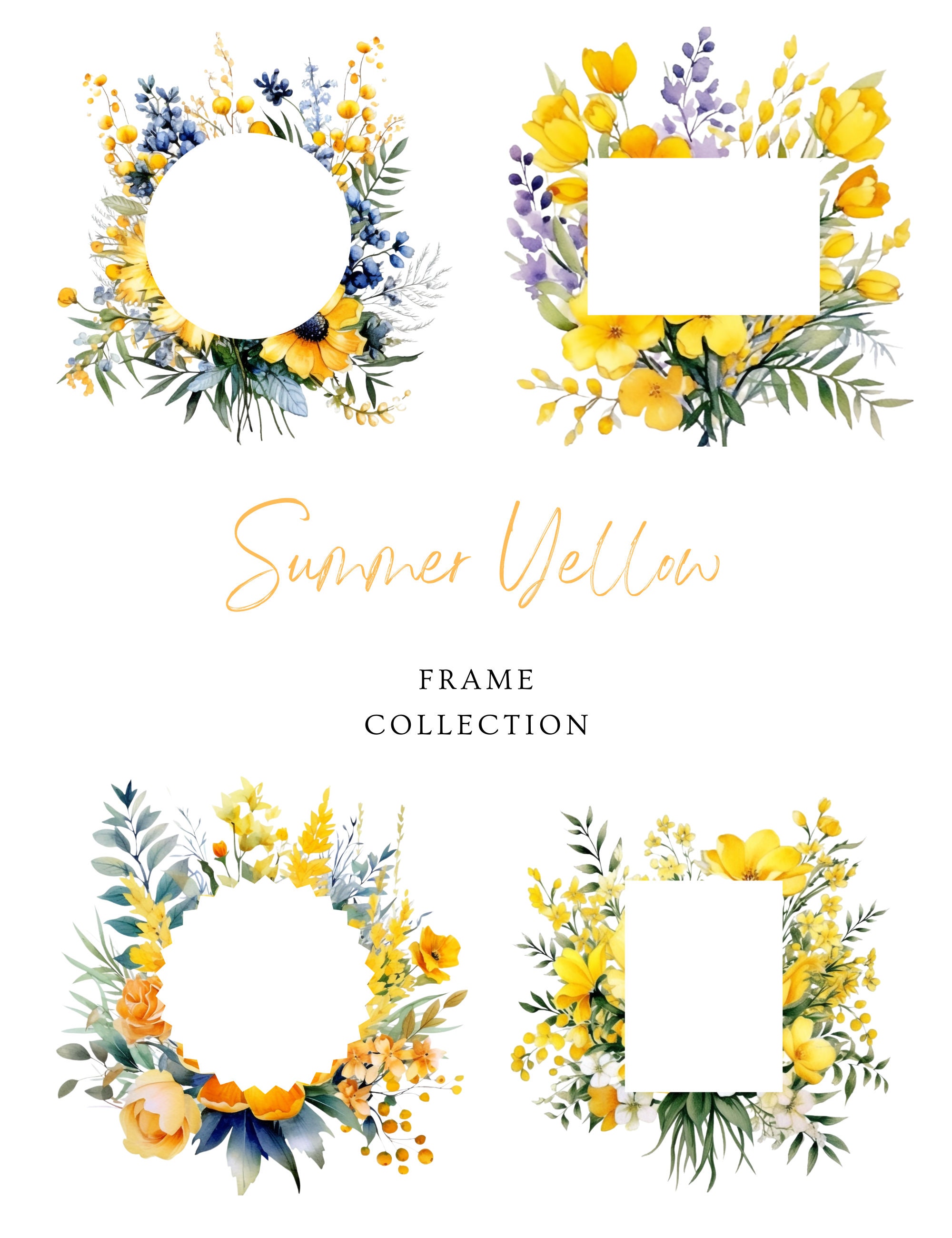 Summer Yellow Watercolor Floral Clipart Floral Borders Wild Flowers ...