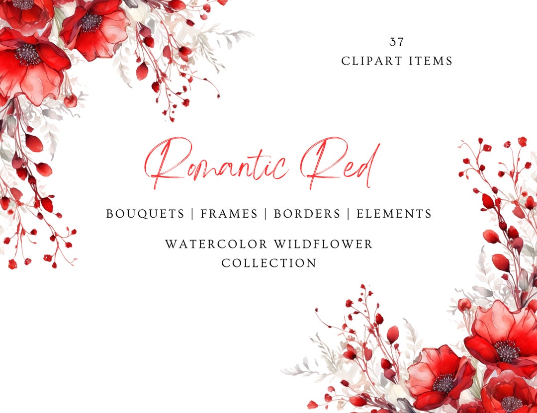 Romantic Red Watercolor Floral Clipart Floral Borders Wild Flowers ...