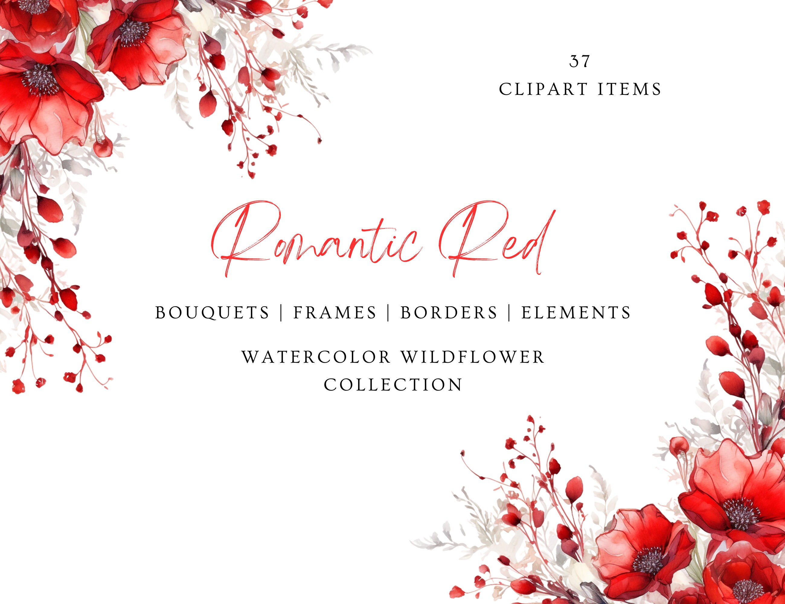Romantic Red Watercolor Floral Clipart Floral Borders Wild Flowers ...