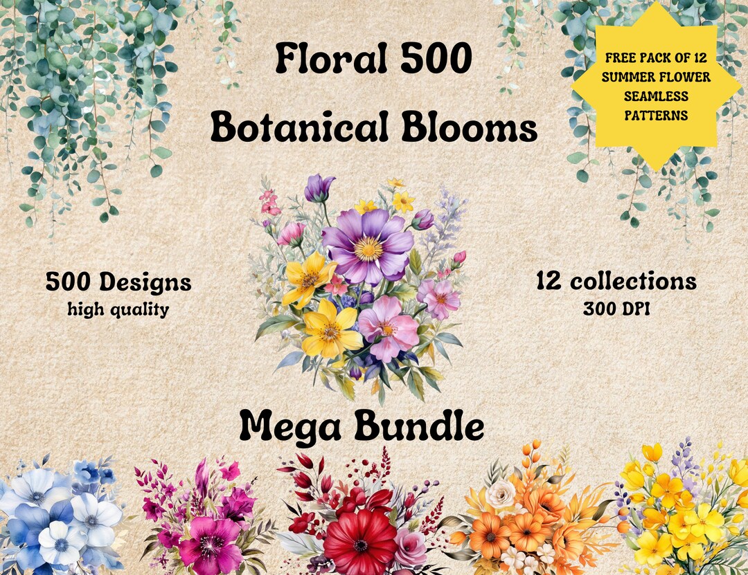 Floral Clipart Mega Bundle, Floral 500 Collection, Botanical Blooms ...