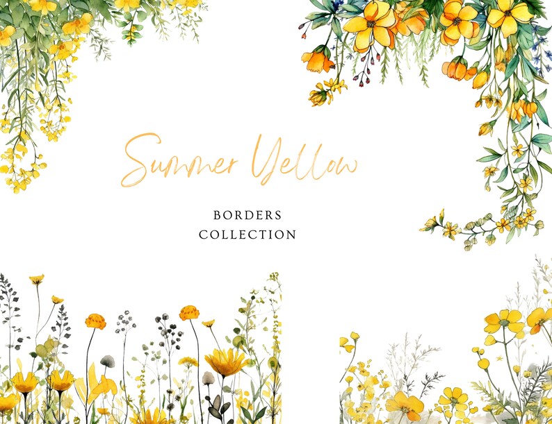 Summer Yellow Watercolor Floral Clipart Floral Borders Wild Flowers ...