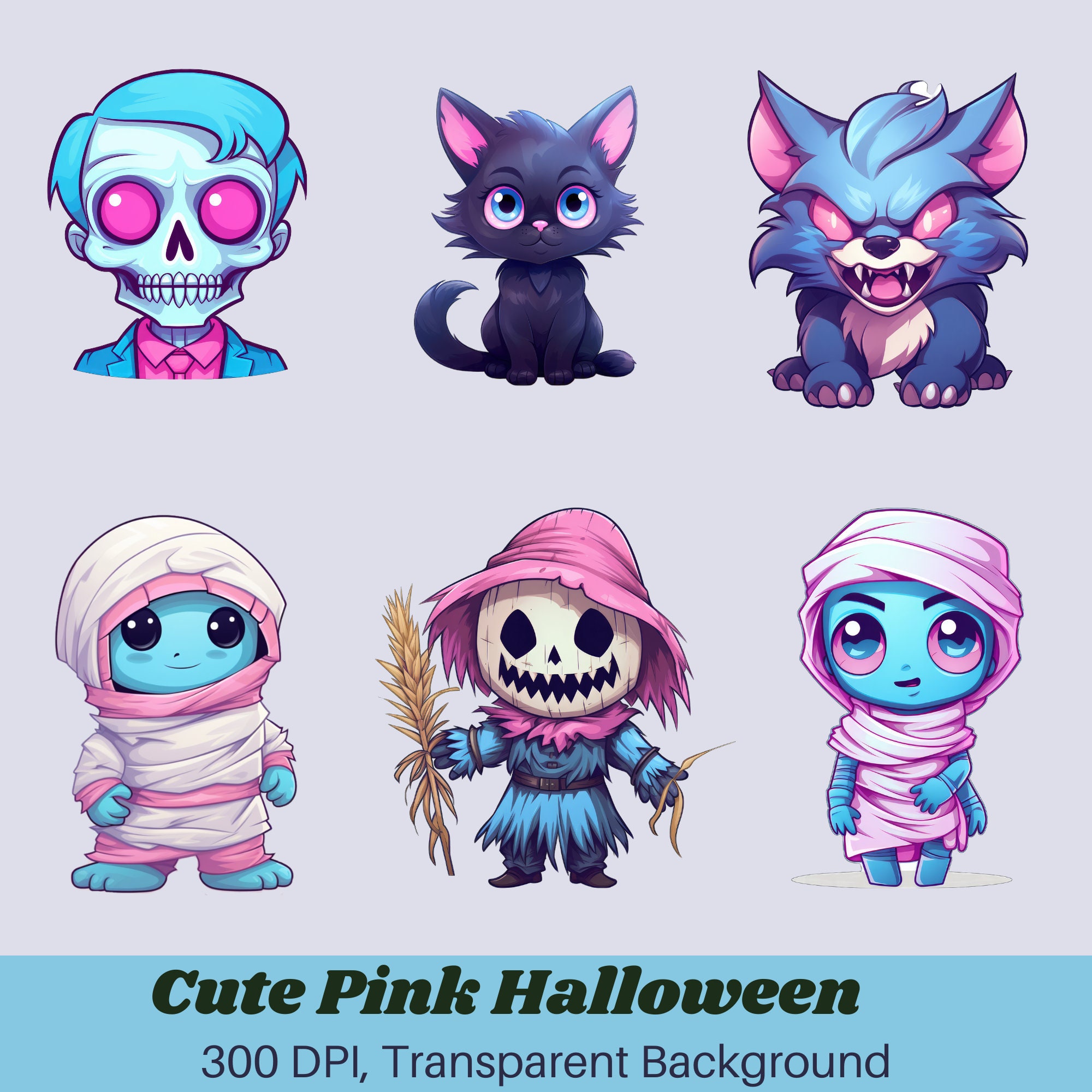 Cute Pink Halloween Clipart Retro Halloween Clipart PNG Bundle Funny ...