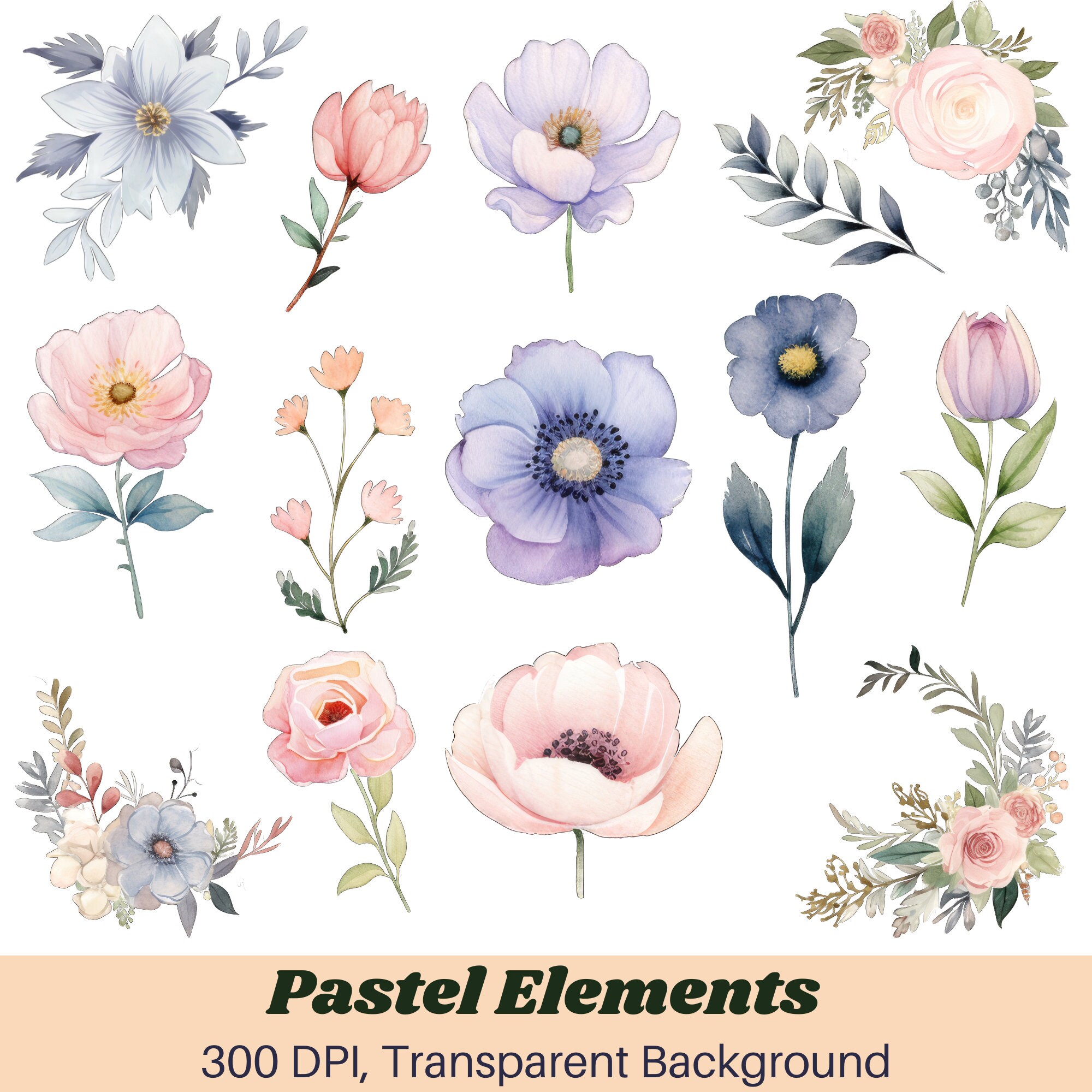 Pastel Blossoms Watercolor Floral Clipart Wedding Clipart - Etsy