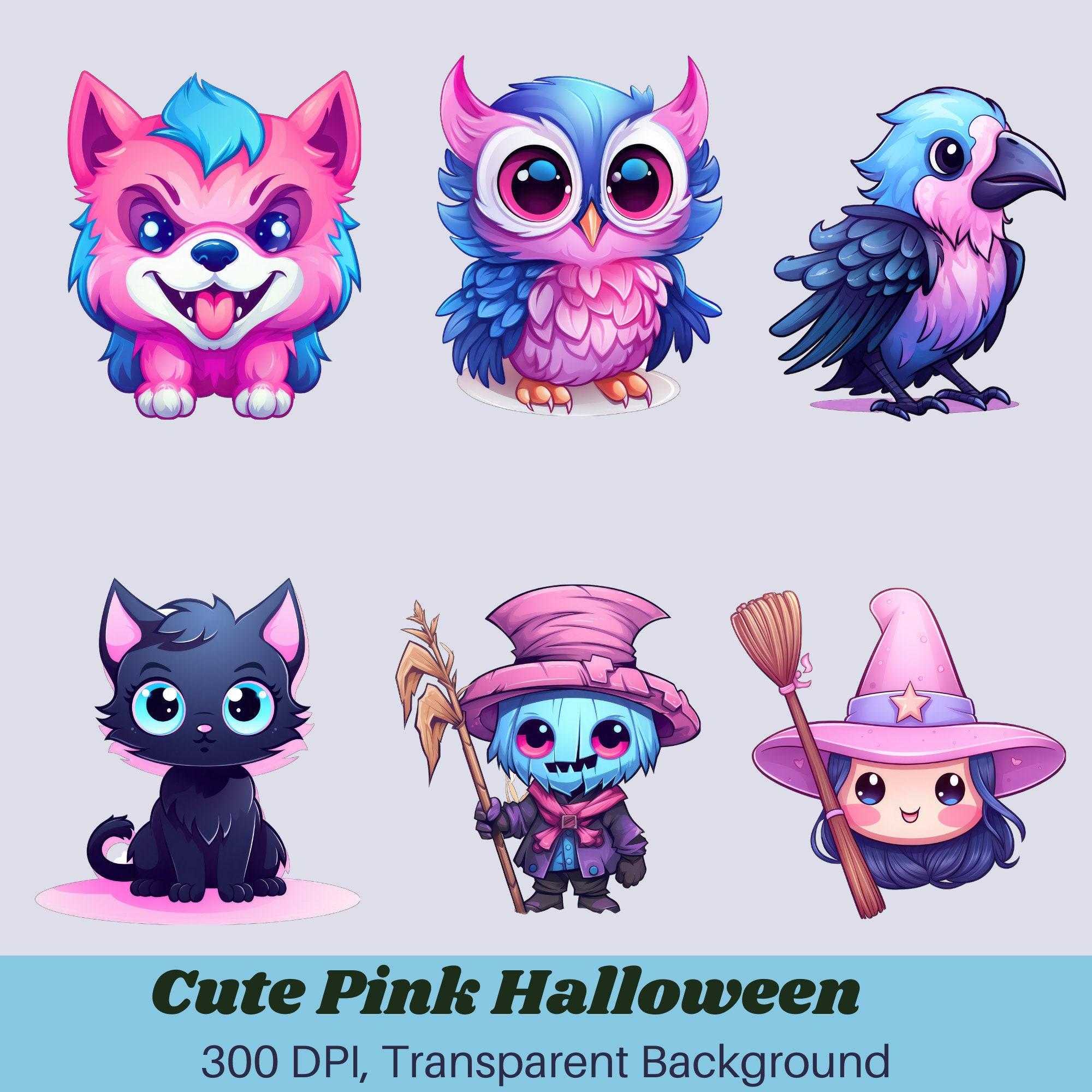 Cute Pink Halloween Clipart Retro Halloween Clipart PNG Bundle Funny ...