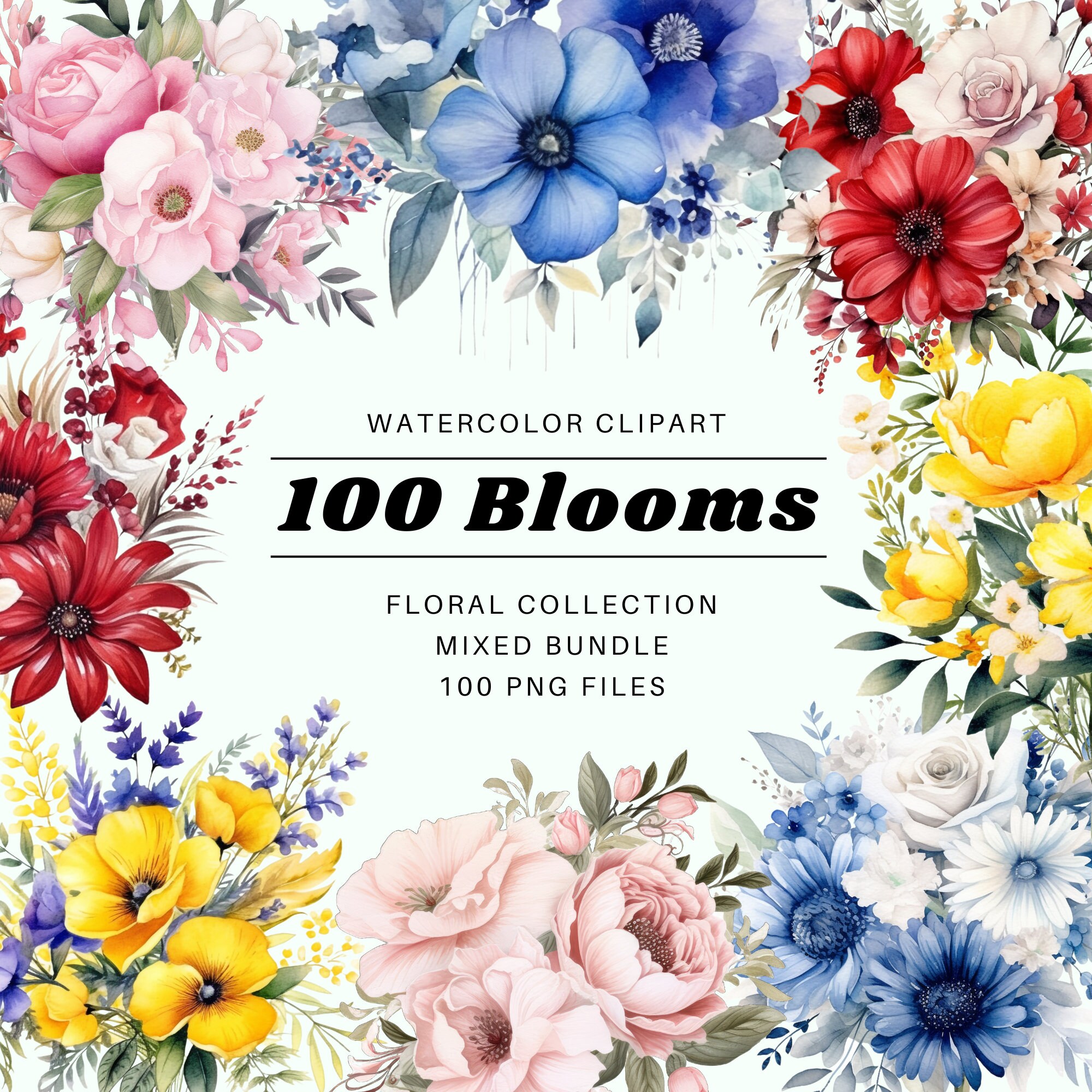 100 Blooms Floral Collection Watercolor Floral Clipart Floral Borders Botanical Clipart Floral ...