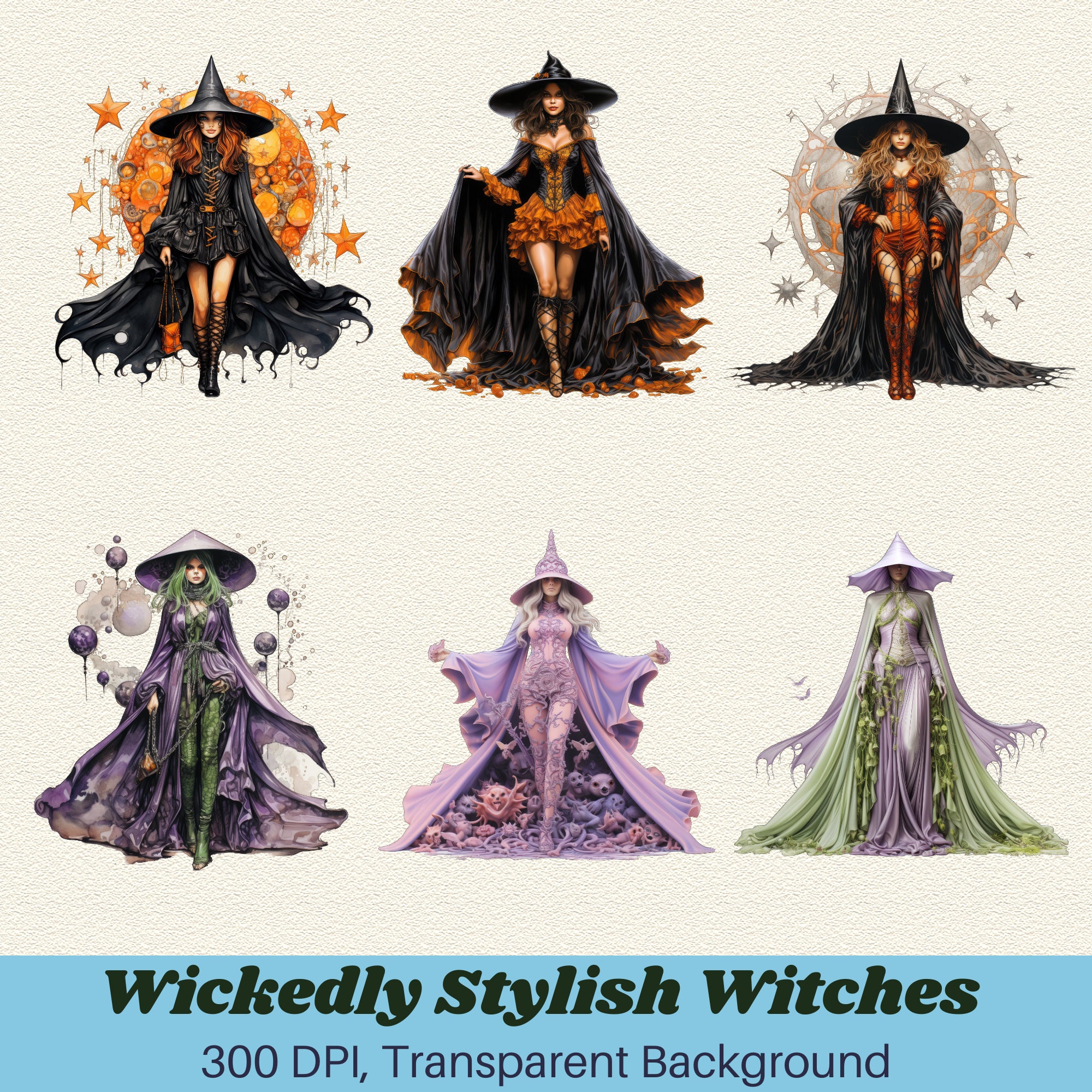 Wickedly Stylish Witches Halloween Clipart for Crafts and Decor PNG ...