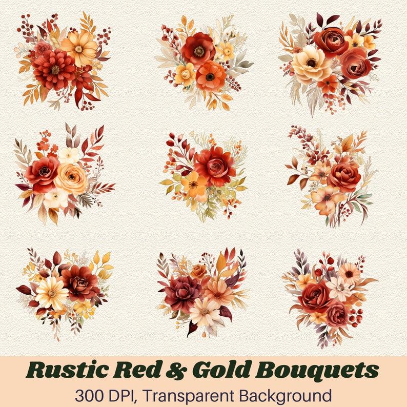 Watercolor Clipart Rustic Red & Gold Wedding Clipart Fall Clipart ...
