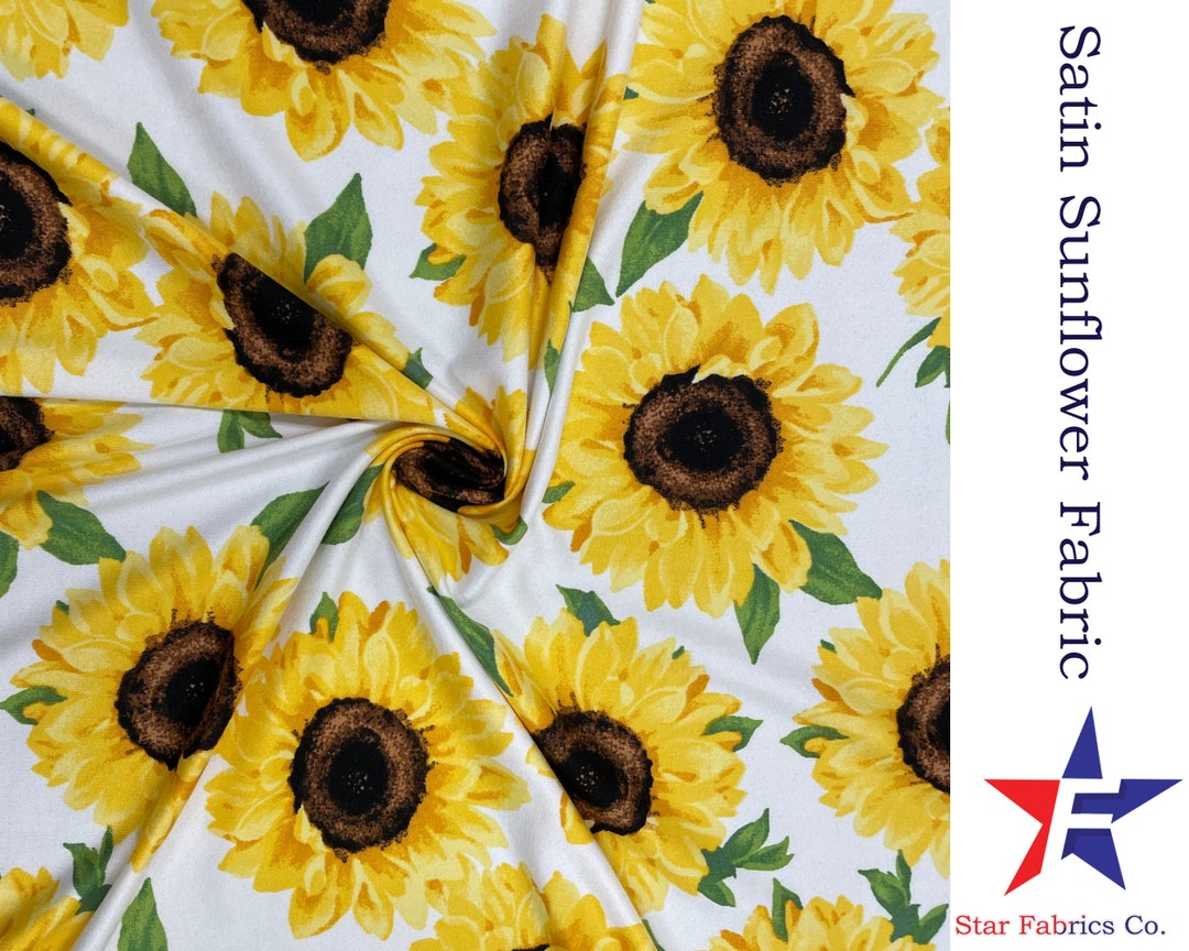 Satin Sunflowers Fabrics Print by the Yard Flowers Plants Field Leaves ...