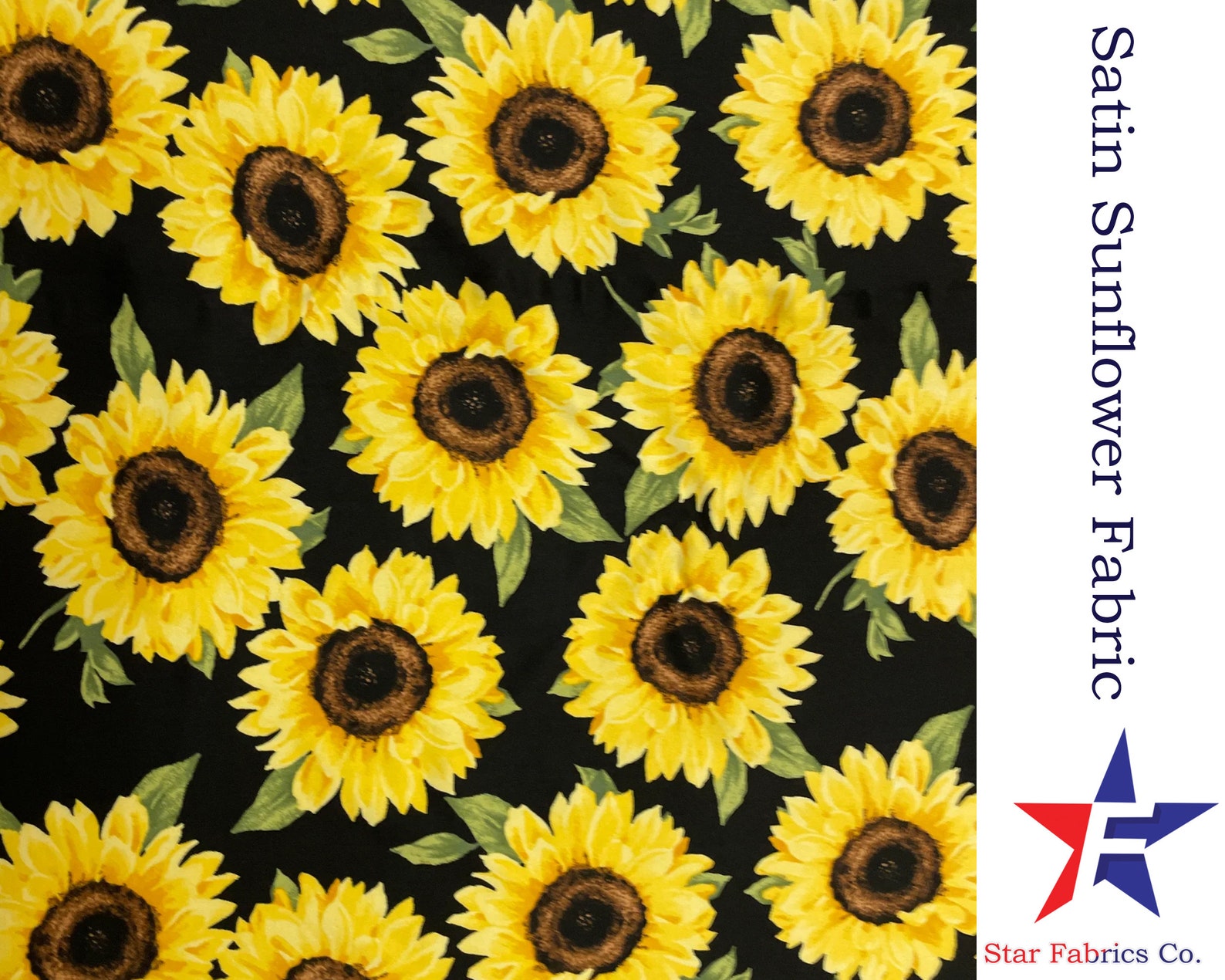 Satin Sunflowers Fabrics Print by the Yard Flowers Plants Field Leaves ...
