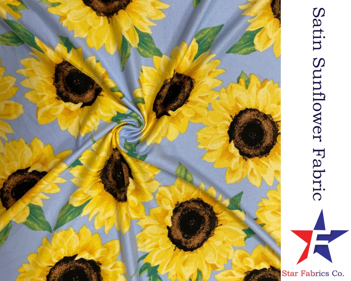 Satin Sunflowers Fabrics Print by the Yard Flowers Plants Field Leaves ...
