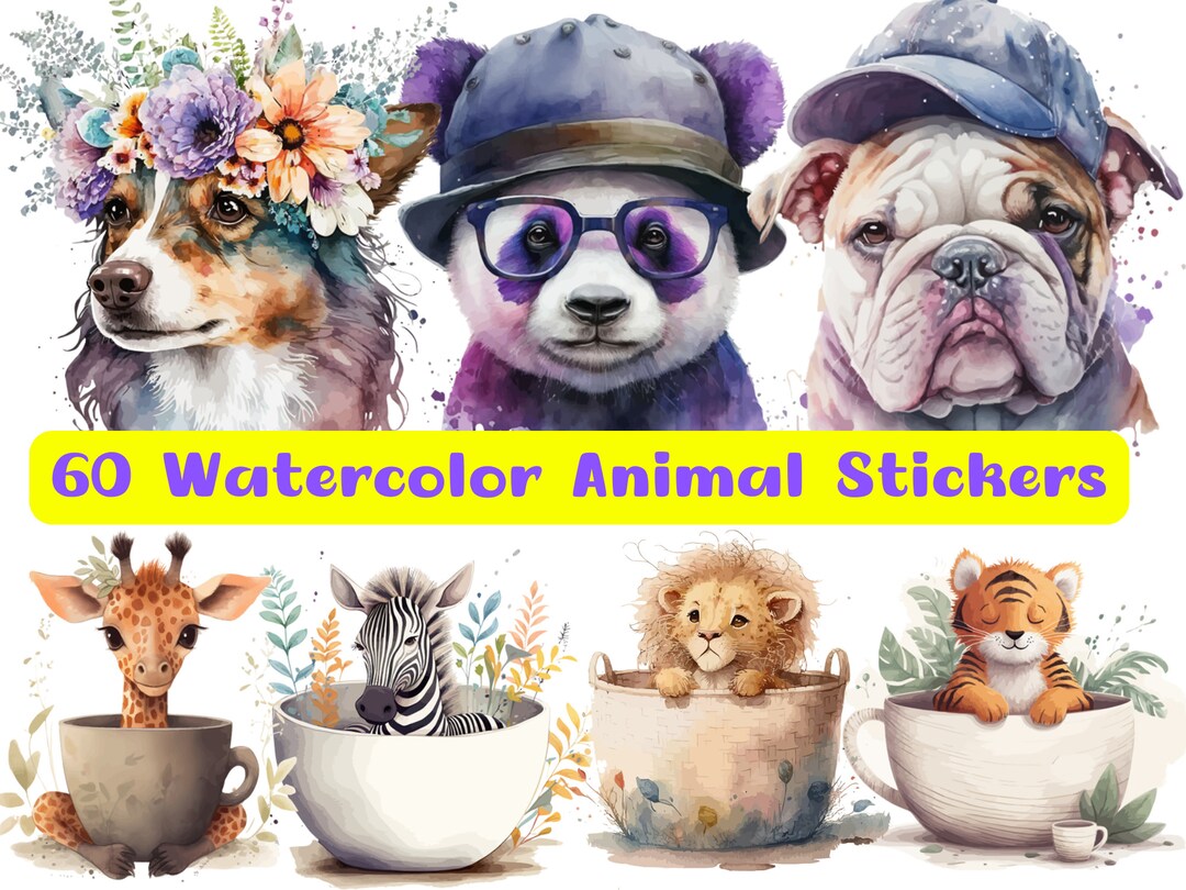 60 Cute Watercolor Animal Stickers for Digital Planners Goodnotes Pre ...