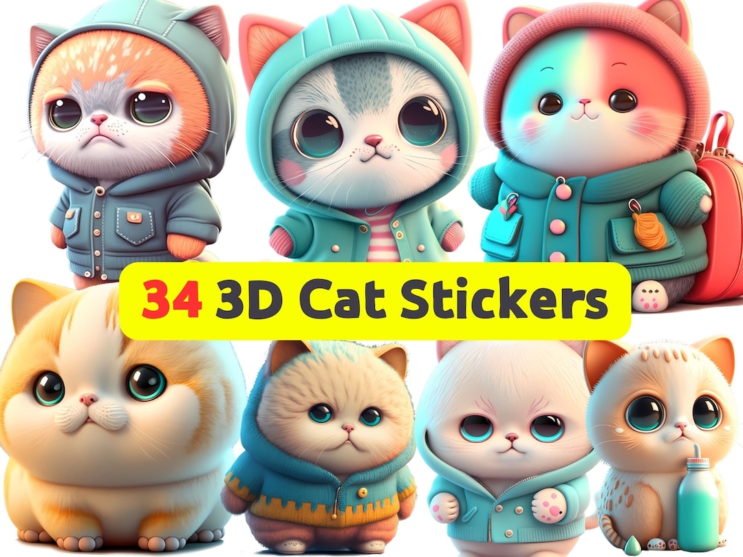 Feline Fun: 34 Adorable 3D Cat Stickers for Digital Planners Cute ...