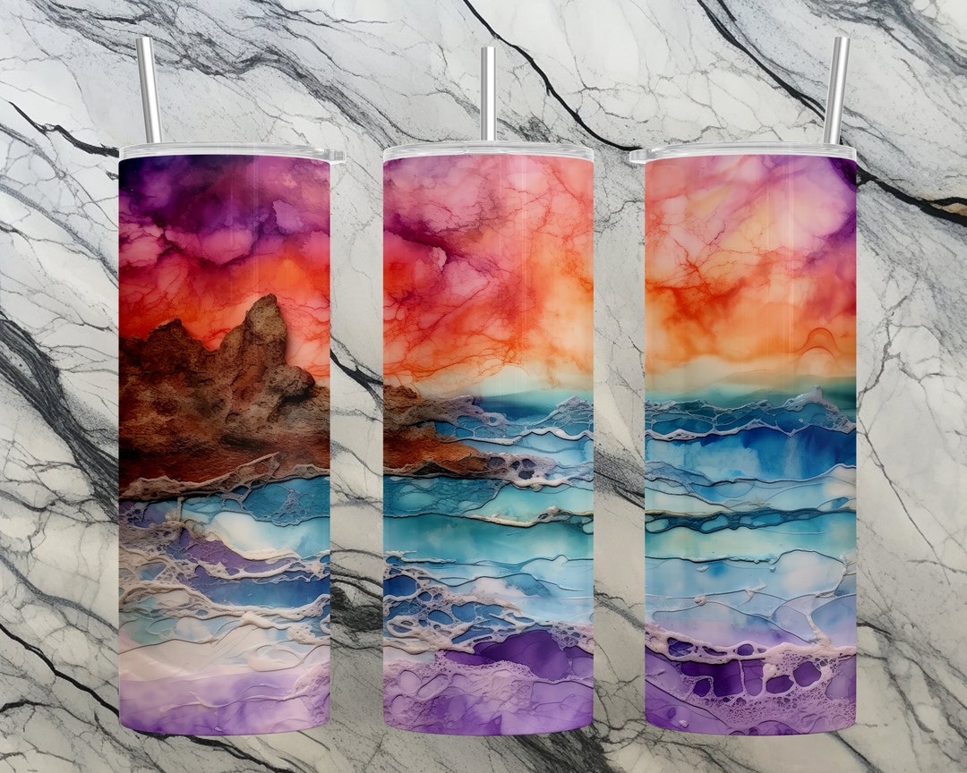 Alcohol Ink Painted Colorful Beach Scene 20oz Skinny Tumbler ...
