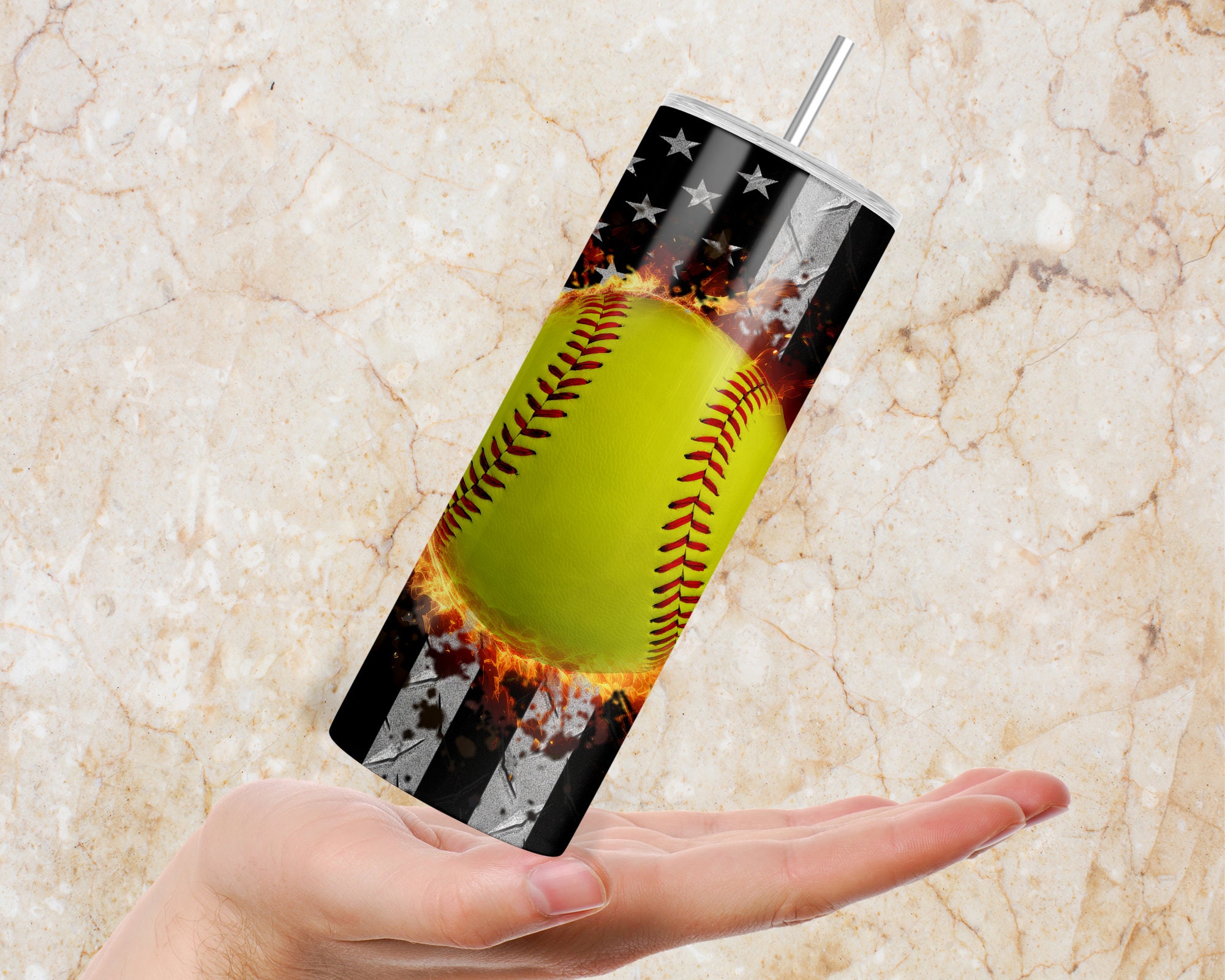 Softball Ball Fireball With American Flag 20oz Skinny Tumbler Wrap ...