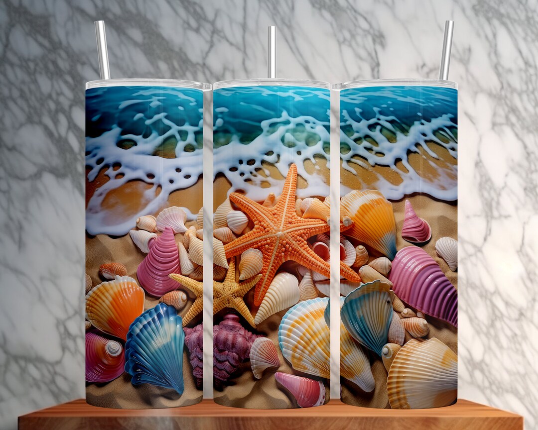 3D Sea Shells & Starfish on A Beach 20oz Skinny Tumbler Wrap ...