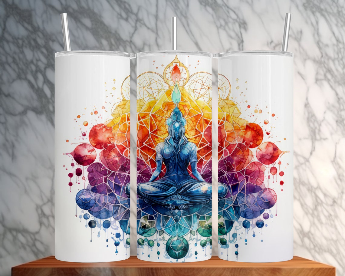Chakras 20oz Skinny Tumbler Wrap Sublimation Design Meditation Aum Instant Download PNG Straight ...