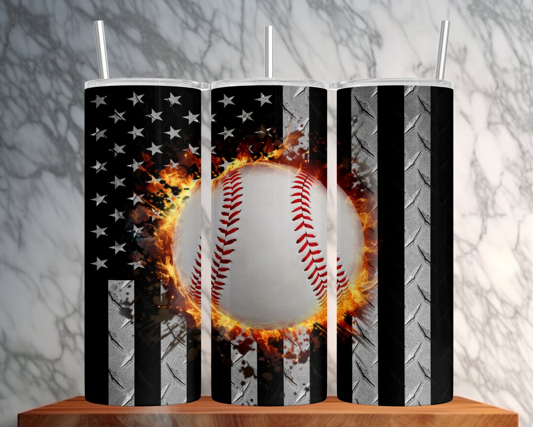 Baseball Fireball With American Flag 20oz Skinny Tumbler Wrap ...