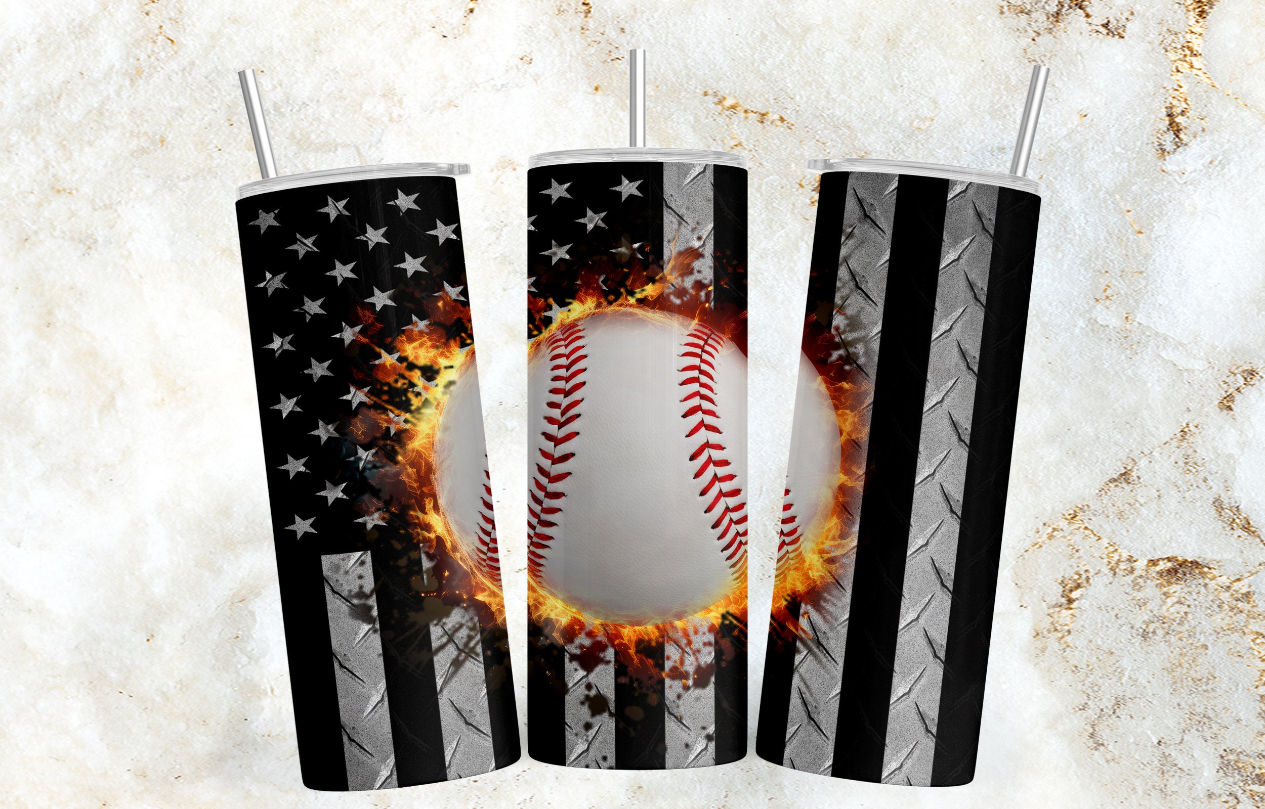 Baseball Fireball With American Flag 20oz Skinny Tumbler Wrap ...