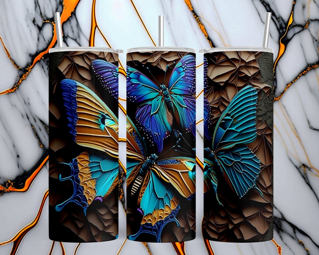 3D Texture Painted Butterflies Skinny 20oz Tumbler Sublimation Design ...