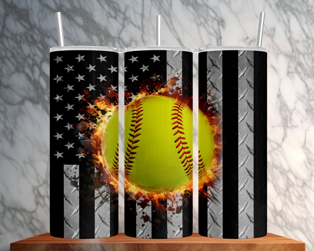 Softball Ball Fireball With American Flag 20oz Skinny Tumbler Wrap ...