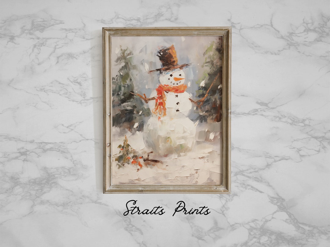 Snowman Oil Painting Vintage Christmas Wall Print Festive Printable ...