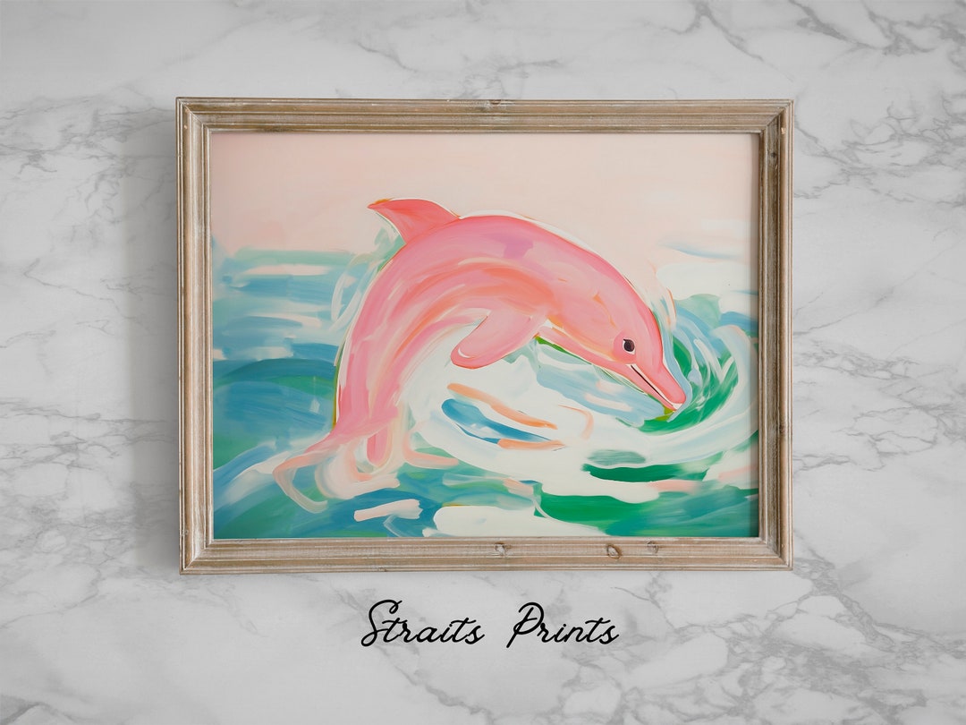 Preppy Pink Dolphin Oil Painting Abstract Girly Room Art Whimsical ...