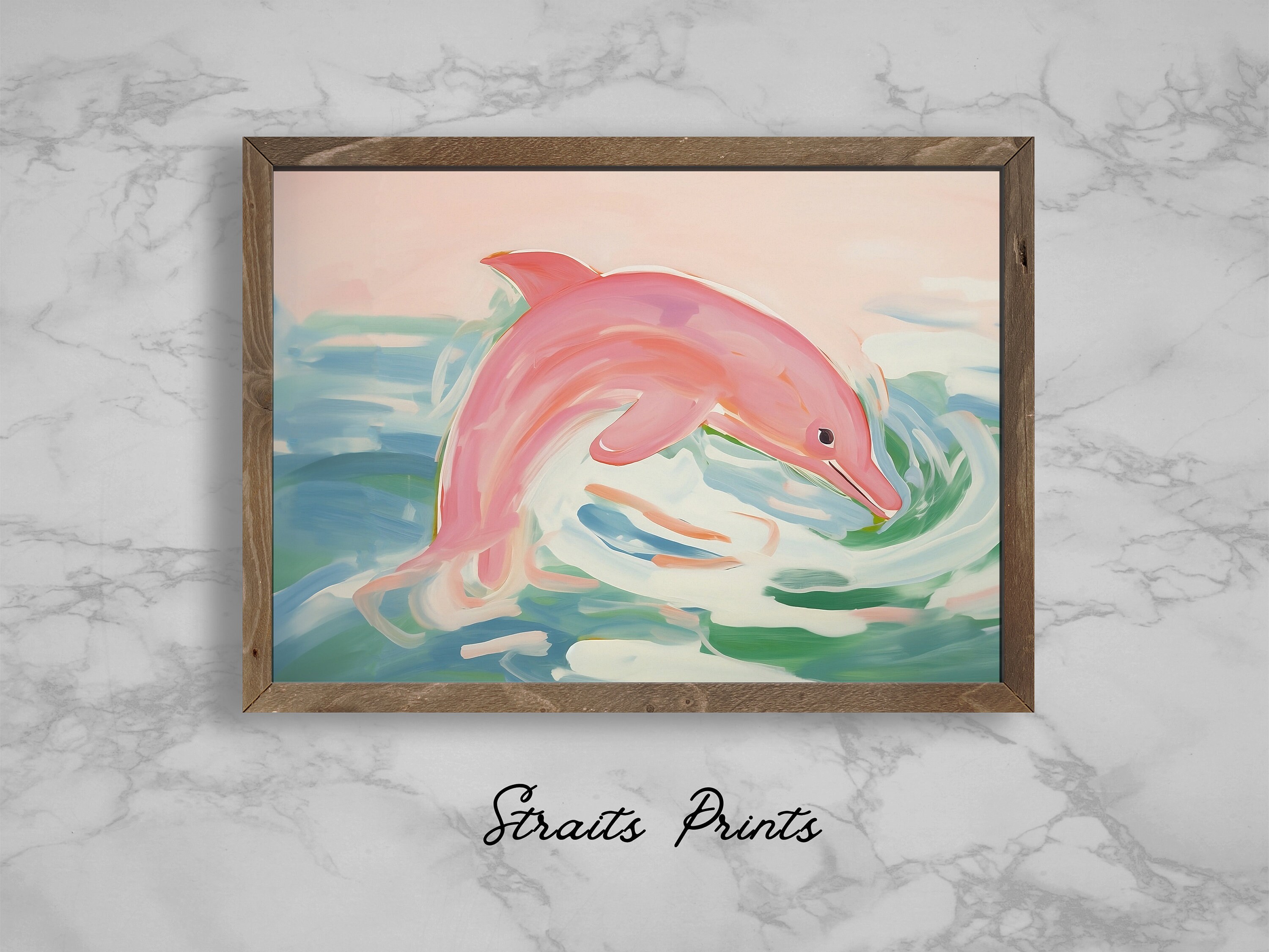 Preppy Pink Dolphin Oil Painting Abstract Girly Room Art Whimsical ...