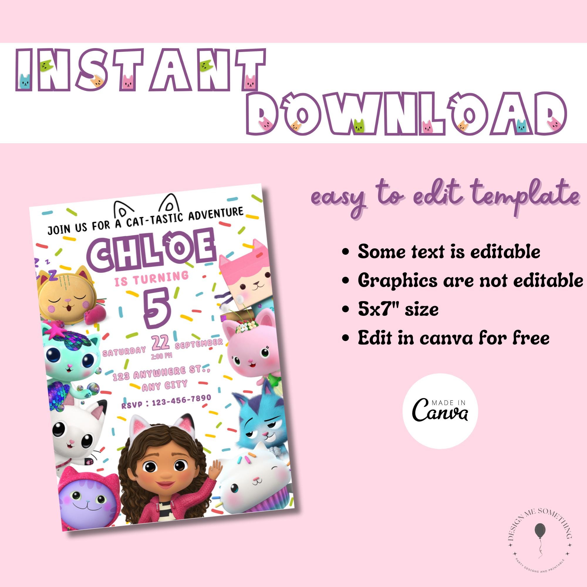 Gabby's Dollhouse Birthday Invitation, Gabby Editable Template, Kids ...