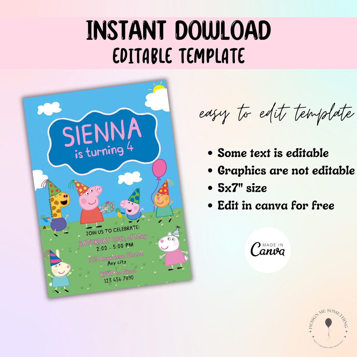 Editable Peppa Pig Invitation, Peppa Pig Birthday Invitation, Peppa Pig ...