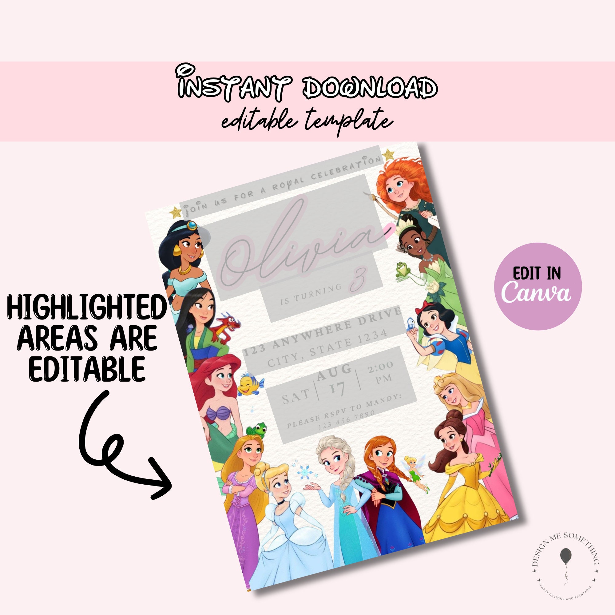 Disney Princess Birthday Party Invitation | Digital Self-editable Canva ...