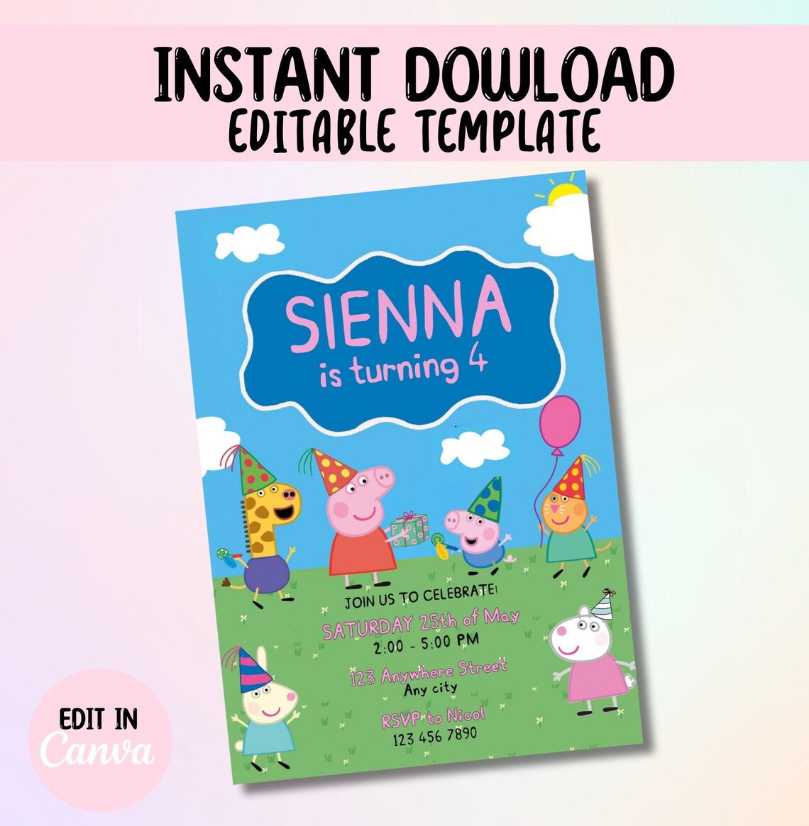 Editable Peppa Pig Invitation, Peppa Pig Birthday Invitation, Peppa Pig ...