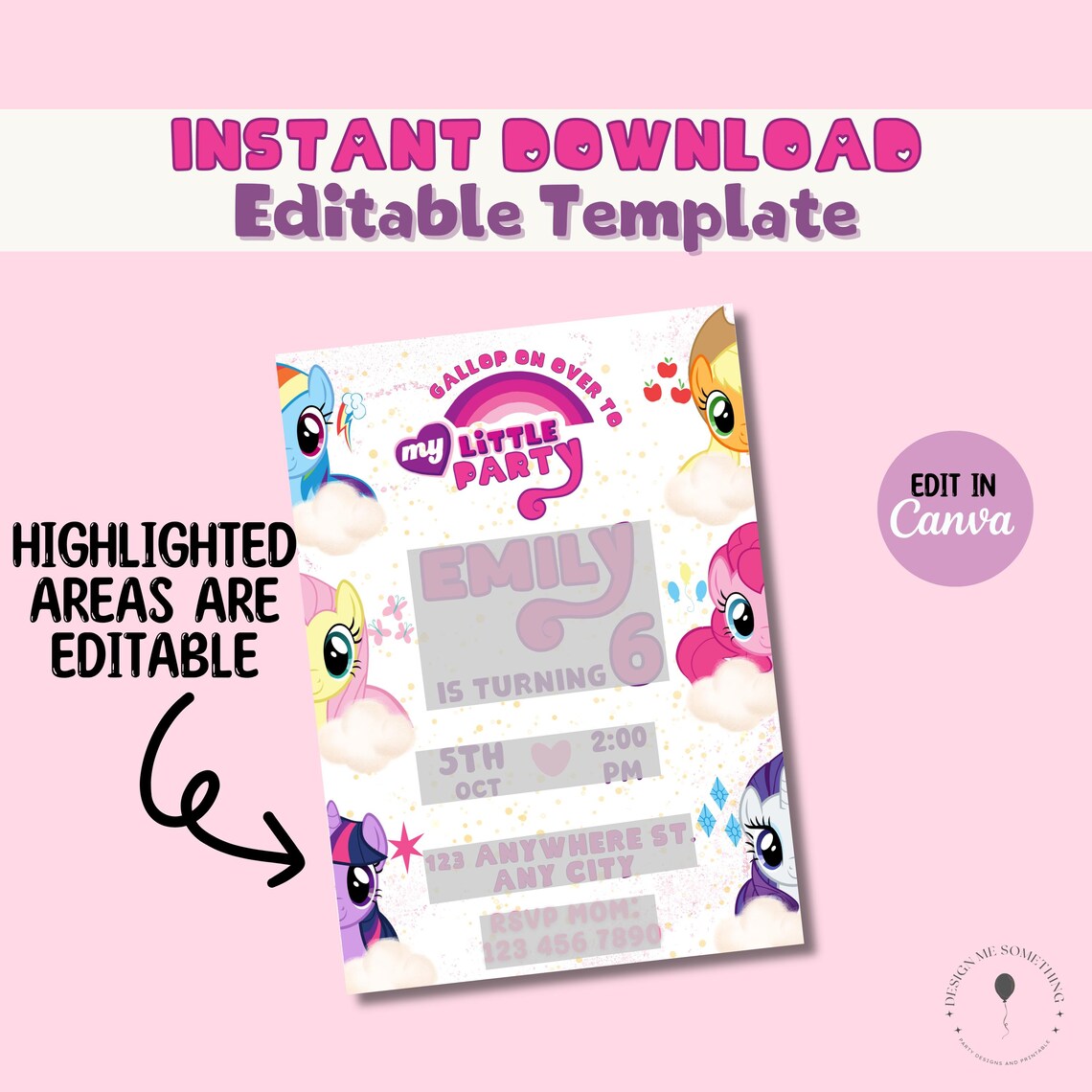 Editable My Little Pony Birthday Invitation: Canva Template (digital ...