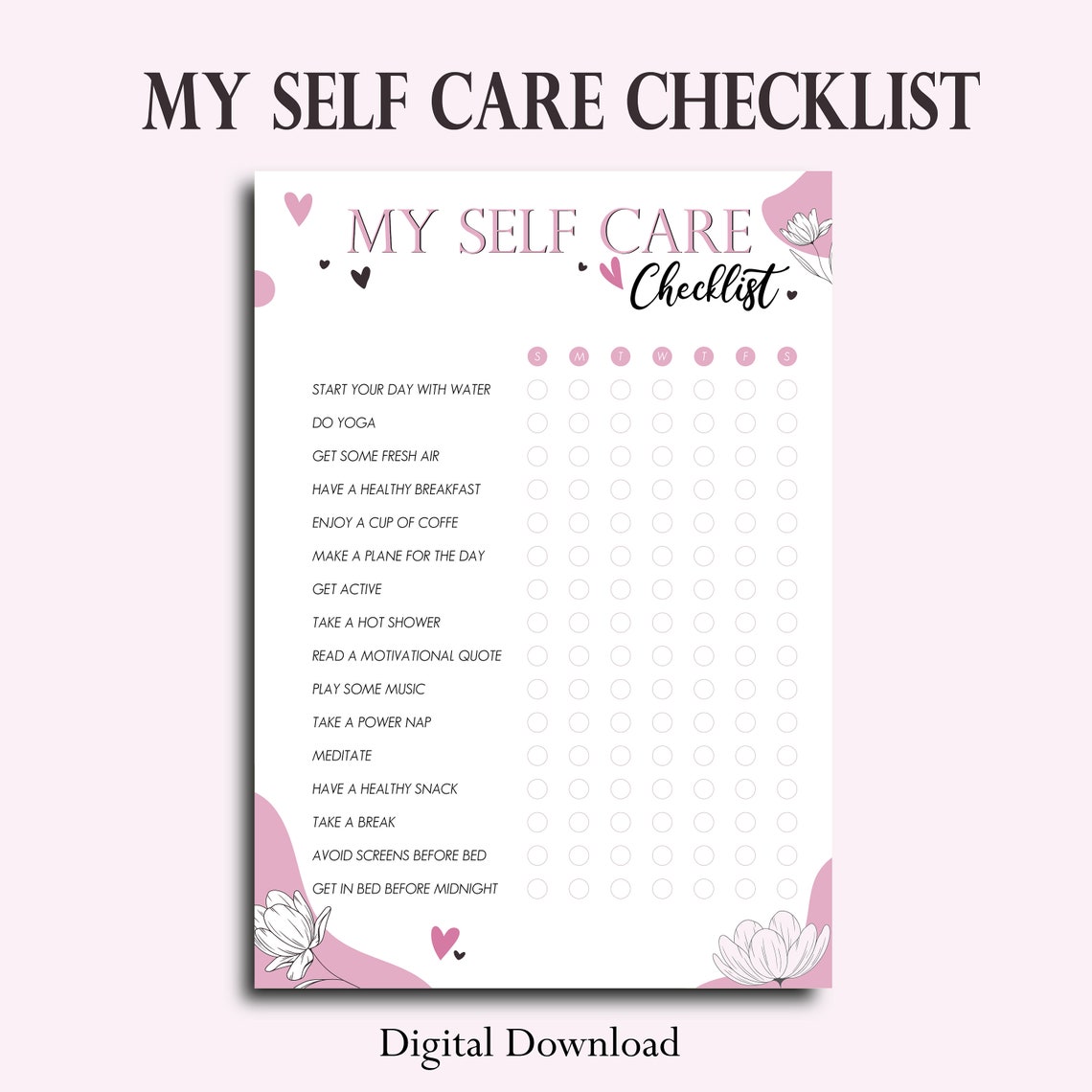 Pink Self Care Printable Checklist, Pink Feminine Abstract Floral Self ...