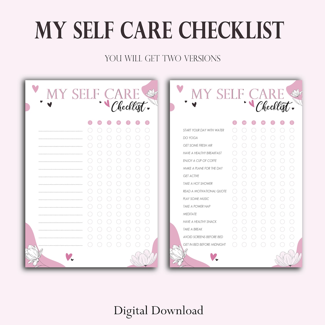Pink Self Care Printable Checklist, Pink Feminine Abstract Floral Self ...